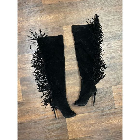 Scene Weaver | Shoes | Scene Weaver Blackthigh High Fuzzy Fringe Open ...